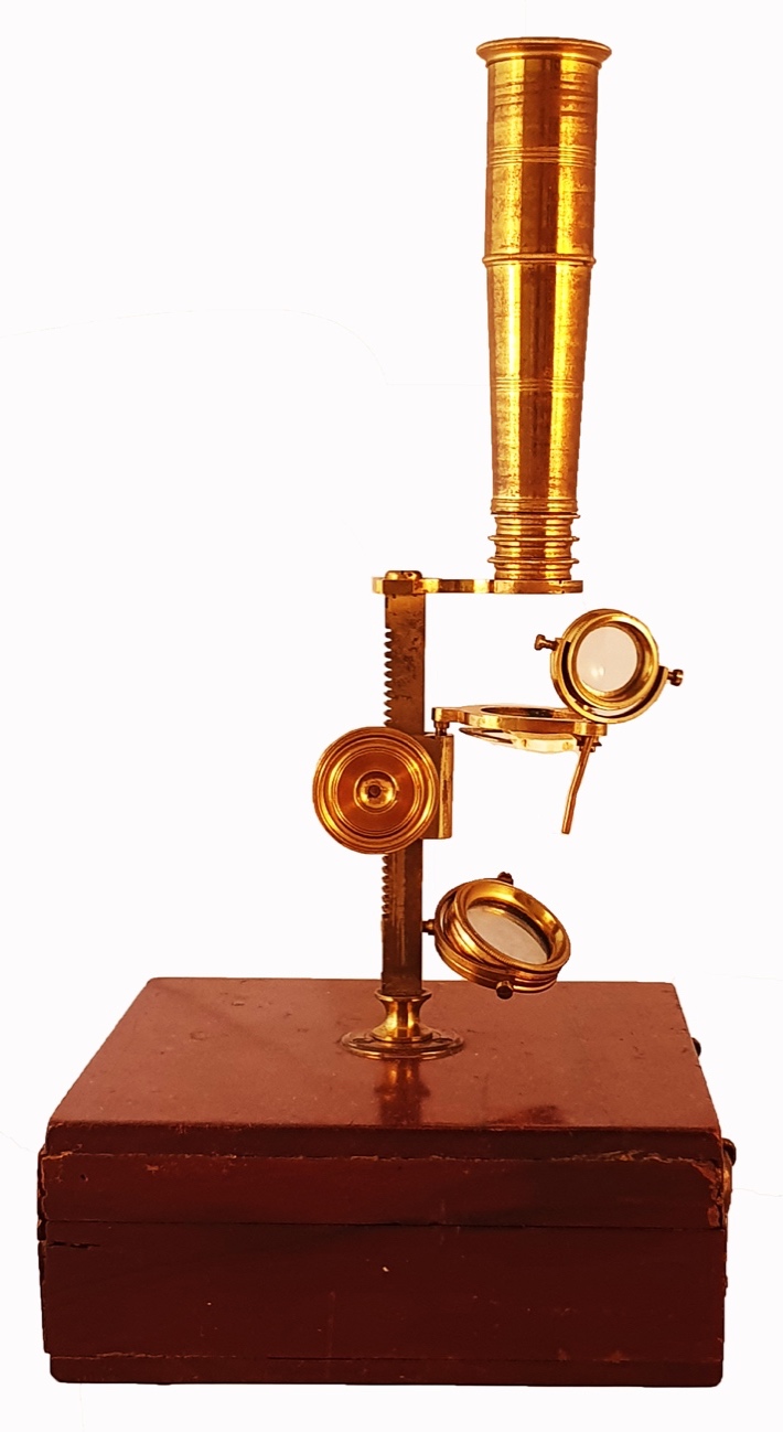 Microscope 111 (unknown maker; Cary/Gould type microscope; early 19 th ...